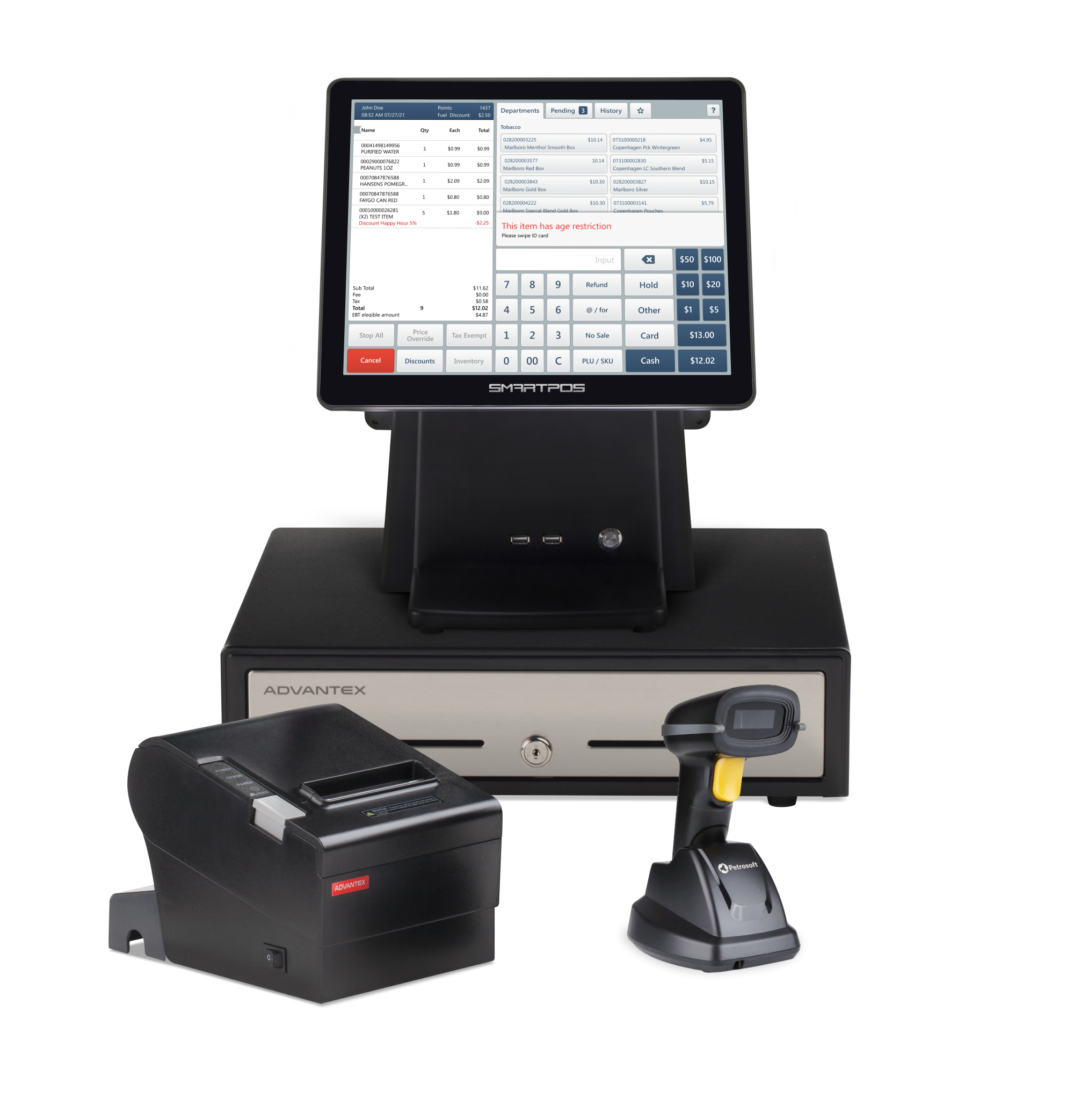 Petrosoft's SmartPOS-129 Bundle with cash drawer, scanner and printer.